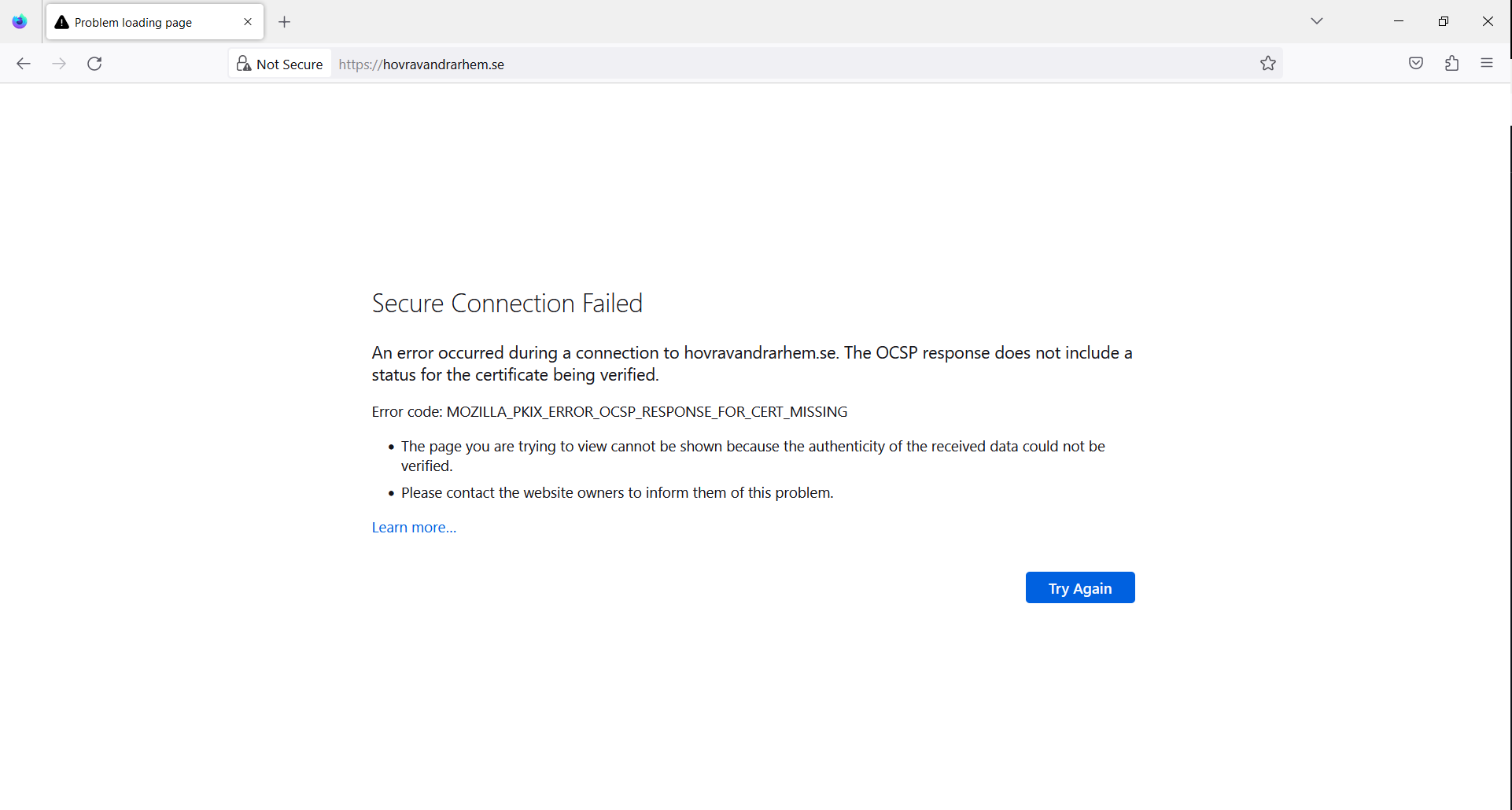 hovravandrarhem.se - "Secure connection failed" when accessing the page ...