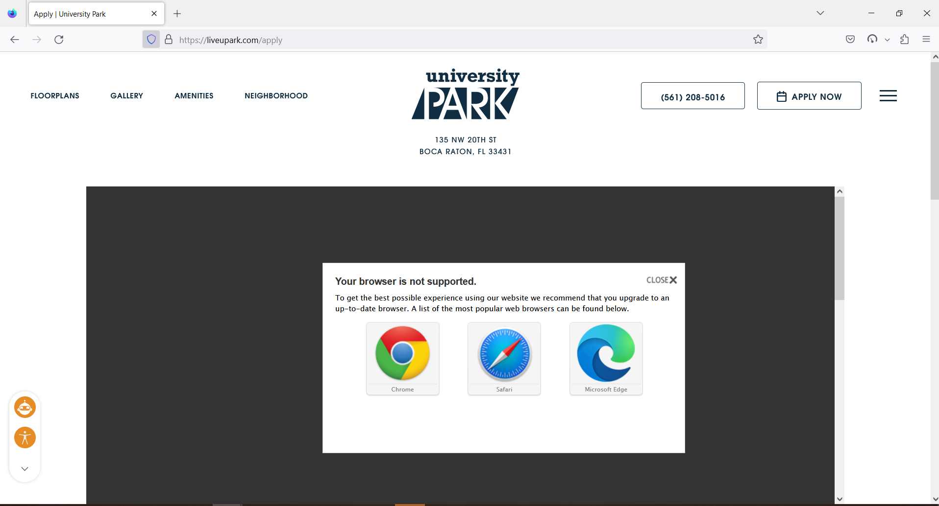 liveupark.com -Firefox is an unsupported browser in the "Apply now ...