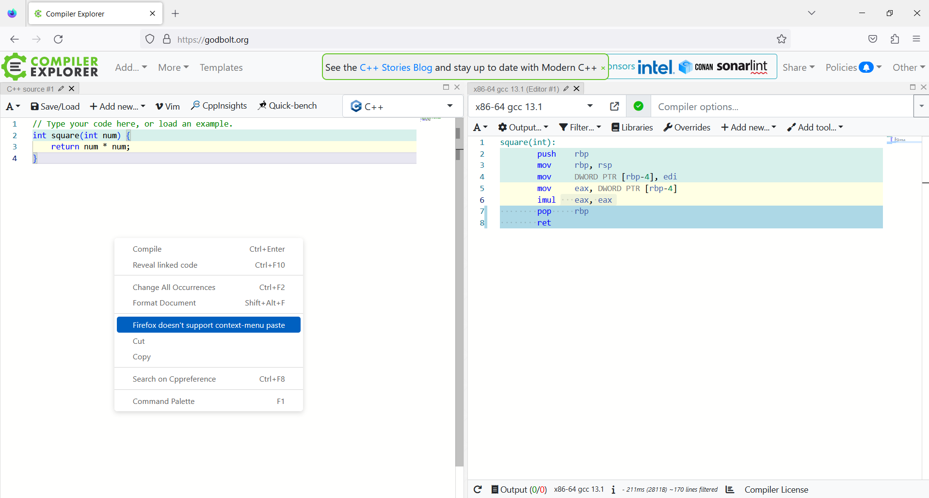 godbolt.org - Firefox doesn't support context menu paste · Issue #123378 · webcompat/web-bugs ...