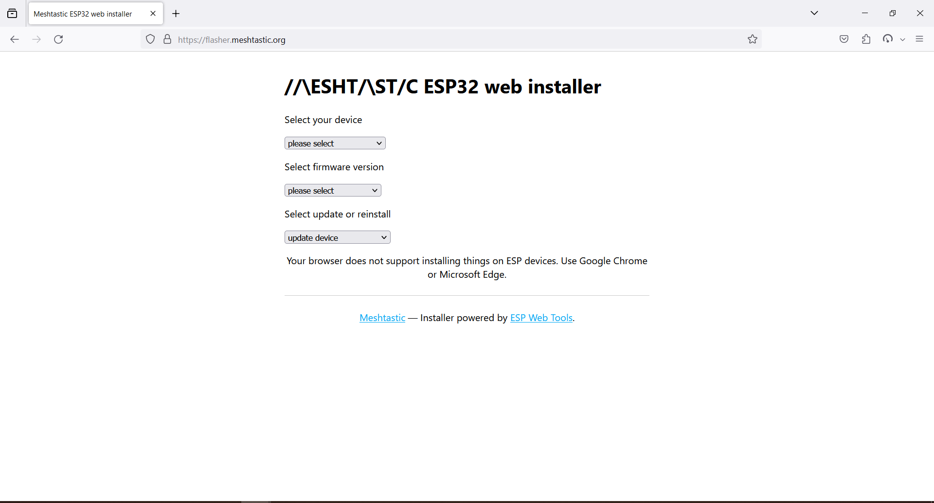 flasher.meshtastic.org - Firefox deos not support ESP · Issue #127500 · webcompat/web-bugs · GitHub