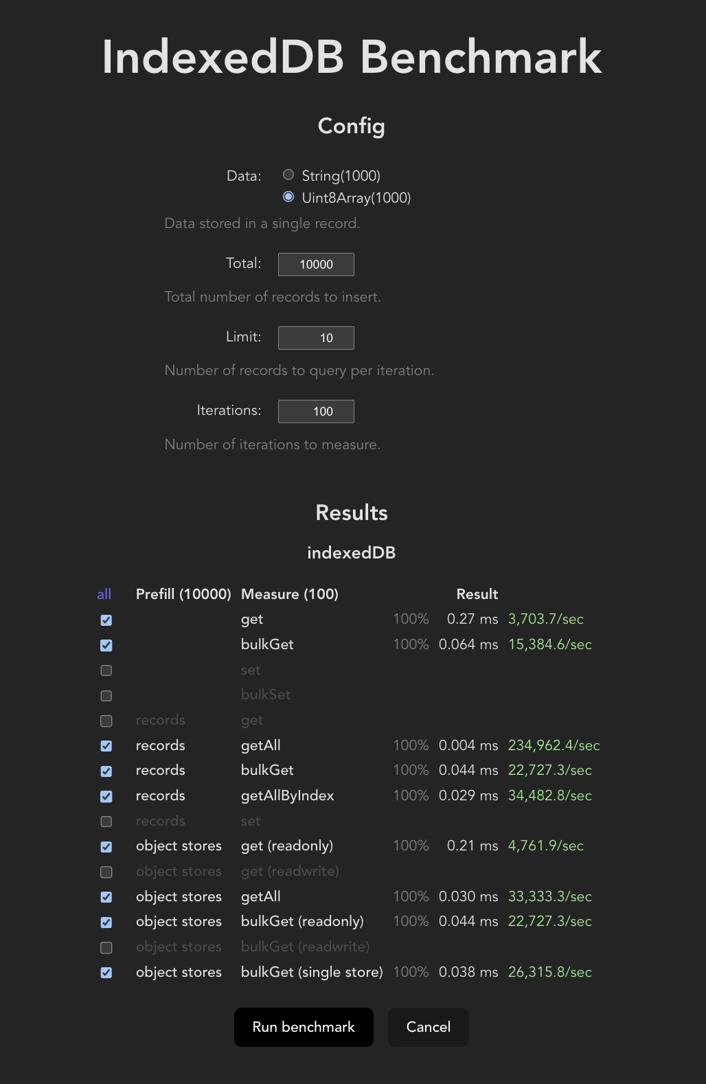 GitHub - raineorshine/indexeddb-benchmark: IndexedDB performance benchmark