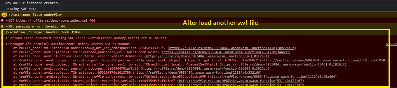 'RuntimeError: memory access out of bounds' occurs and all swf failed to execution after ...