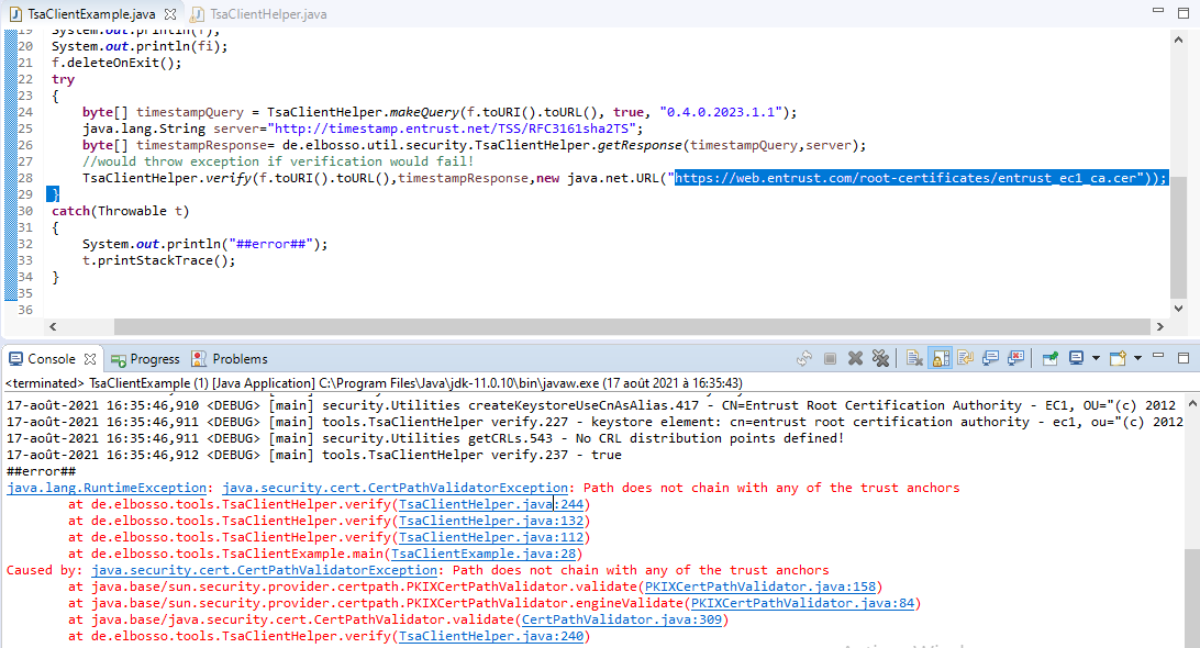 Server returned HTTP response code: 403 for URL: http://timestamp ...