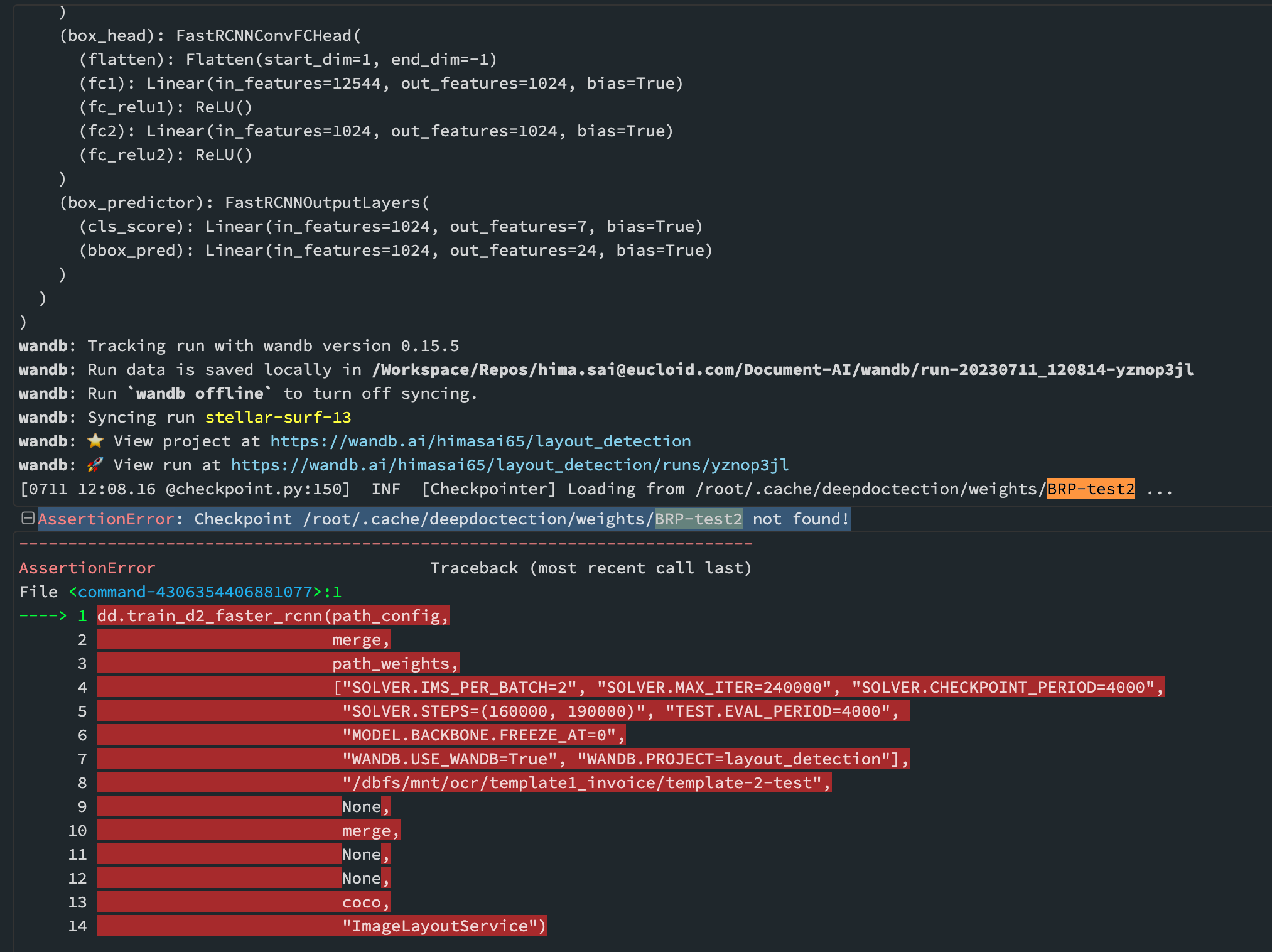 AssertionError: Checkpoint /root/.cache/deepdoctection/weights/test2 ...