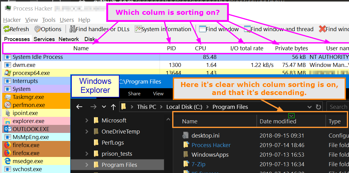 Suggestion: Add sorting indicator to column headings · Issue #441 · winsiderss/systeminformer ...