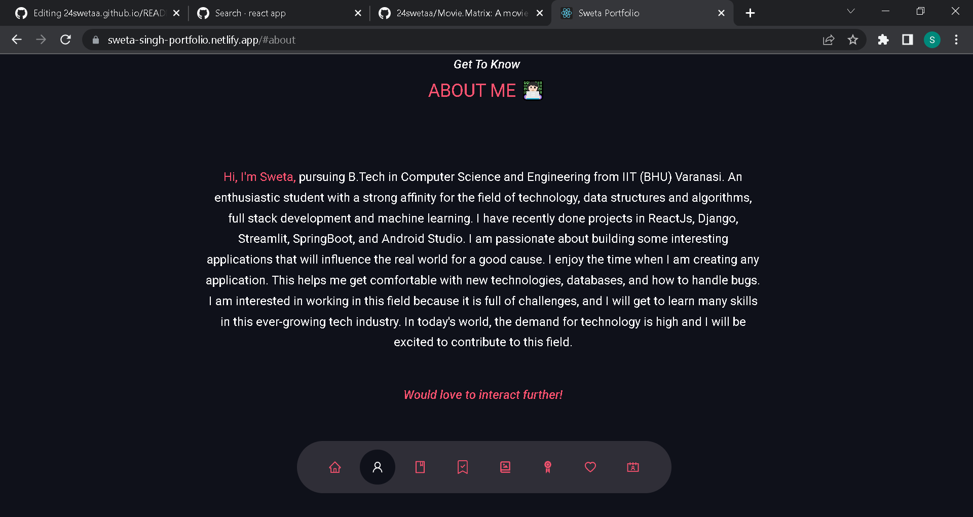 GitHub - 24swetaa/24swetaa.github.io: Personal portfolio website built using ReactJS.