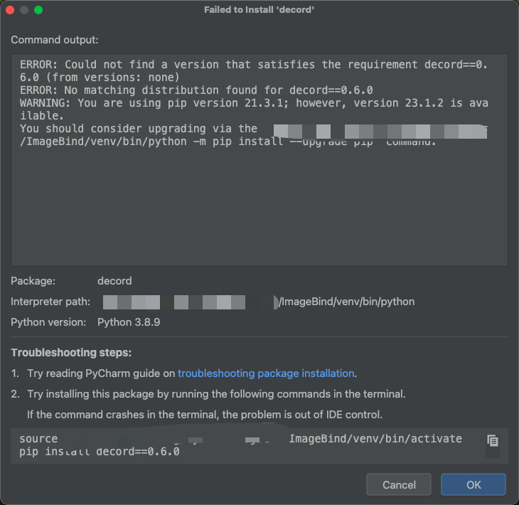 Could not find a version that satisfies the requirement decord==0.6.0 (from versions: none ...