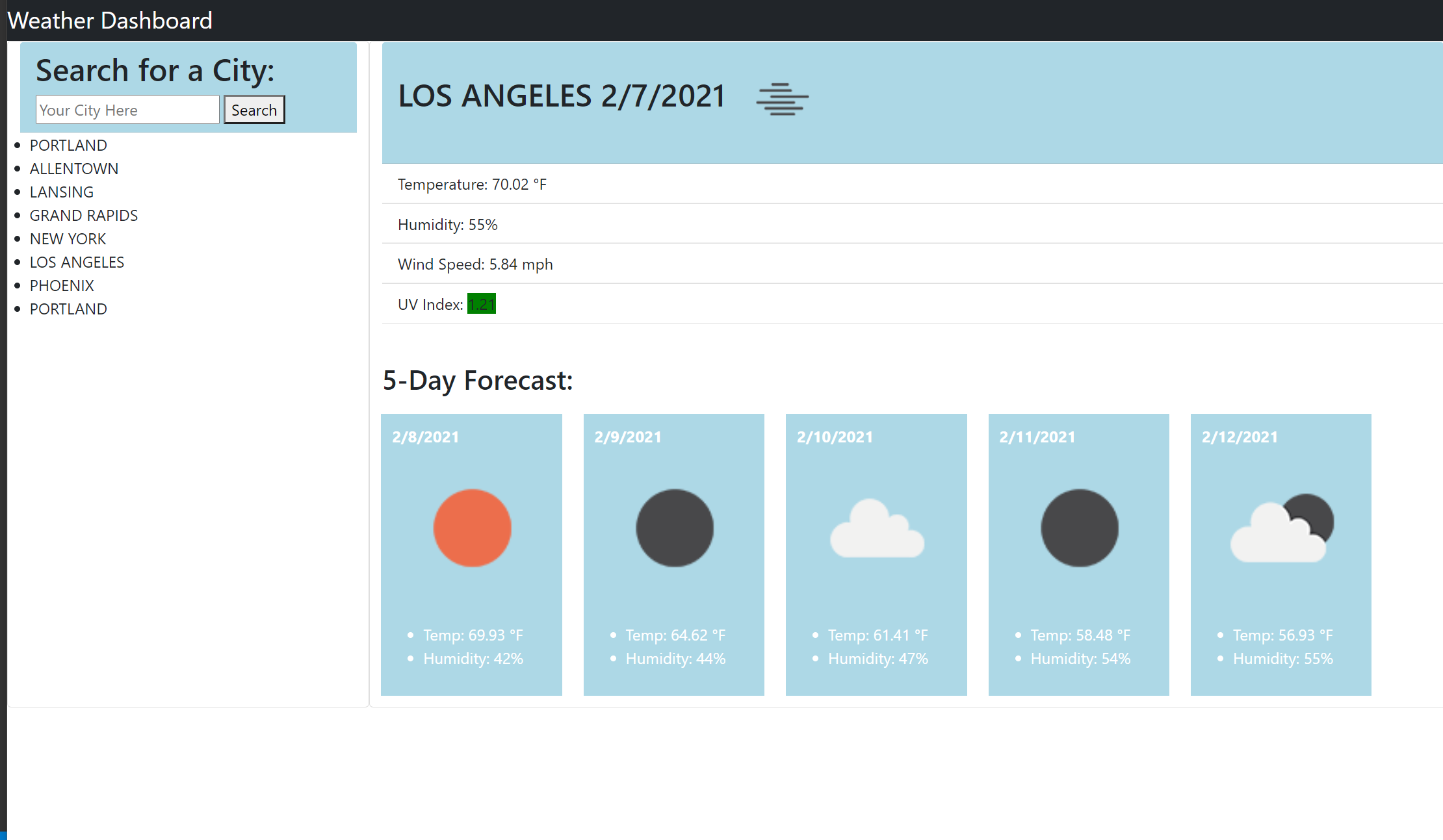 GitHub - GQuak/06_WeatherDashboard: Build a page that will allow users to search for a city and ...