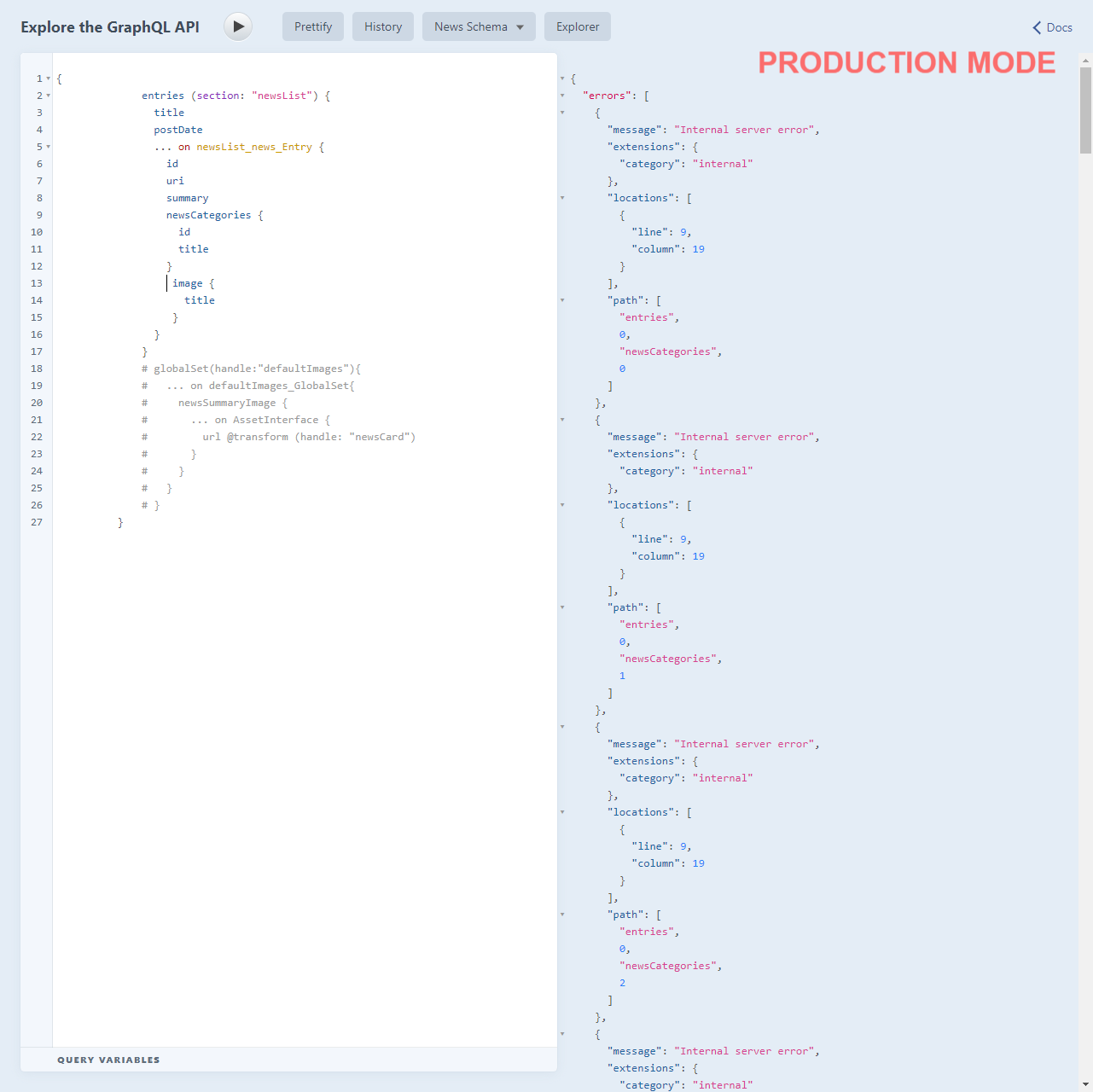 Upgraded to 3.6 and graph QL query is broken in production mode, but ...