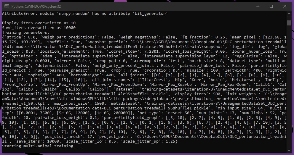 Multianimal GPU training not starting on DLC 2.2b6 (AttributeError: module 'numpy.random' has no ...