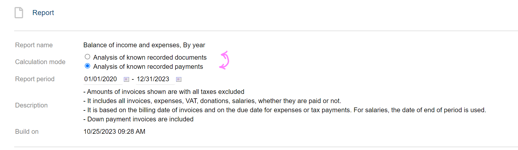 The Labels Of The Calculation Mode Of The Balance Of Income And Expenses By Year Report Are