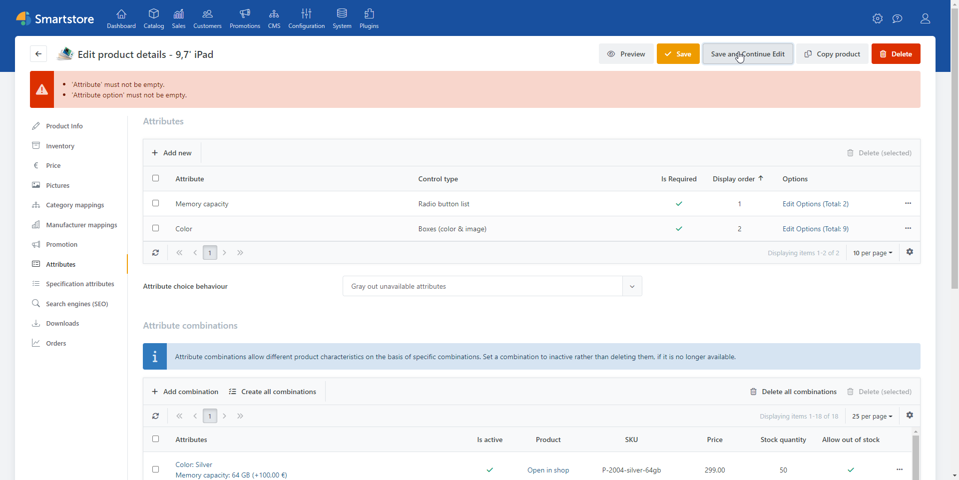 Specification attribute prompt without trying to add specification ...