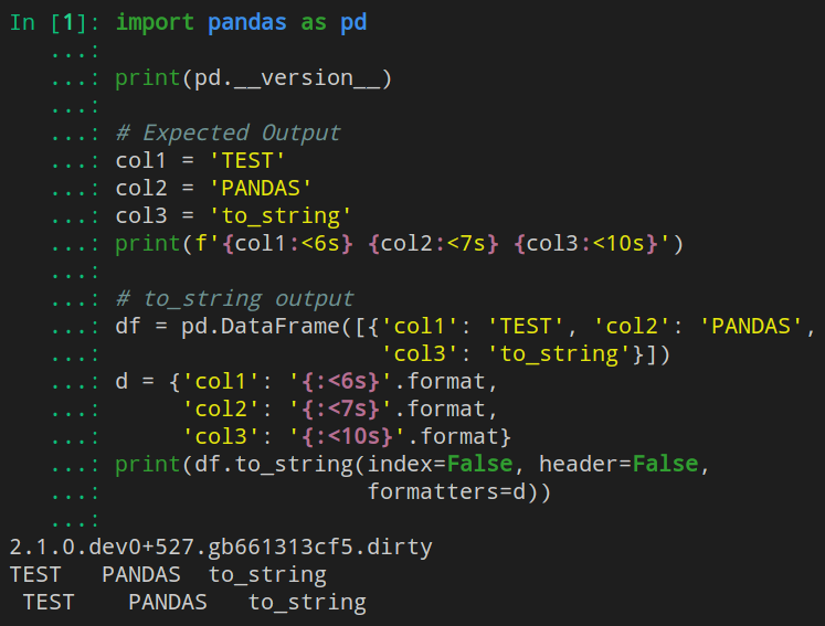 BUG DataFrame to string Creates Extra Space For String Dtypes In