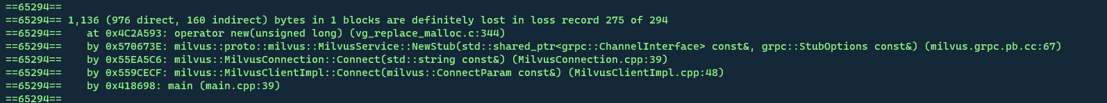 memory leak in MilvusConnection::Disconnect() · Issue #178 · milvus-io/milvus-sdk-cpp · GitHub