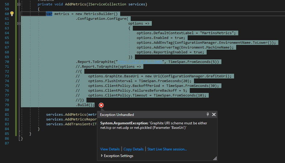 Graphite URI scheme must be either net.tcp or net.udp or net.pickled (Parameter 'BaseUri ...