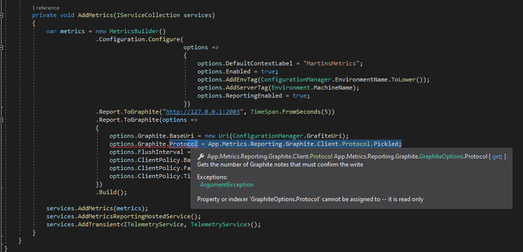 Graphite URI scheme must be either net.tcp or net.udp or net.pickled (Parameter 'BaseUri ...
