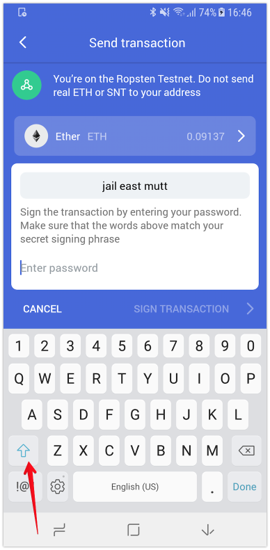 Android keyboard in sign transaction screen should start with lowercase ...