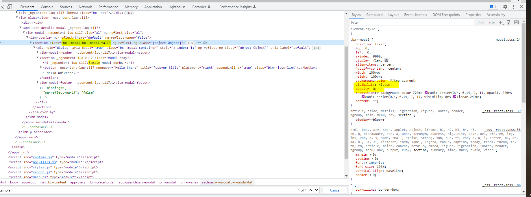 Carbon modal default css is visibility:hidden and opacity:0 · Issue #12334 · carbon-design ...