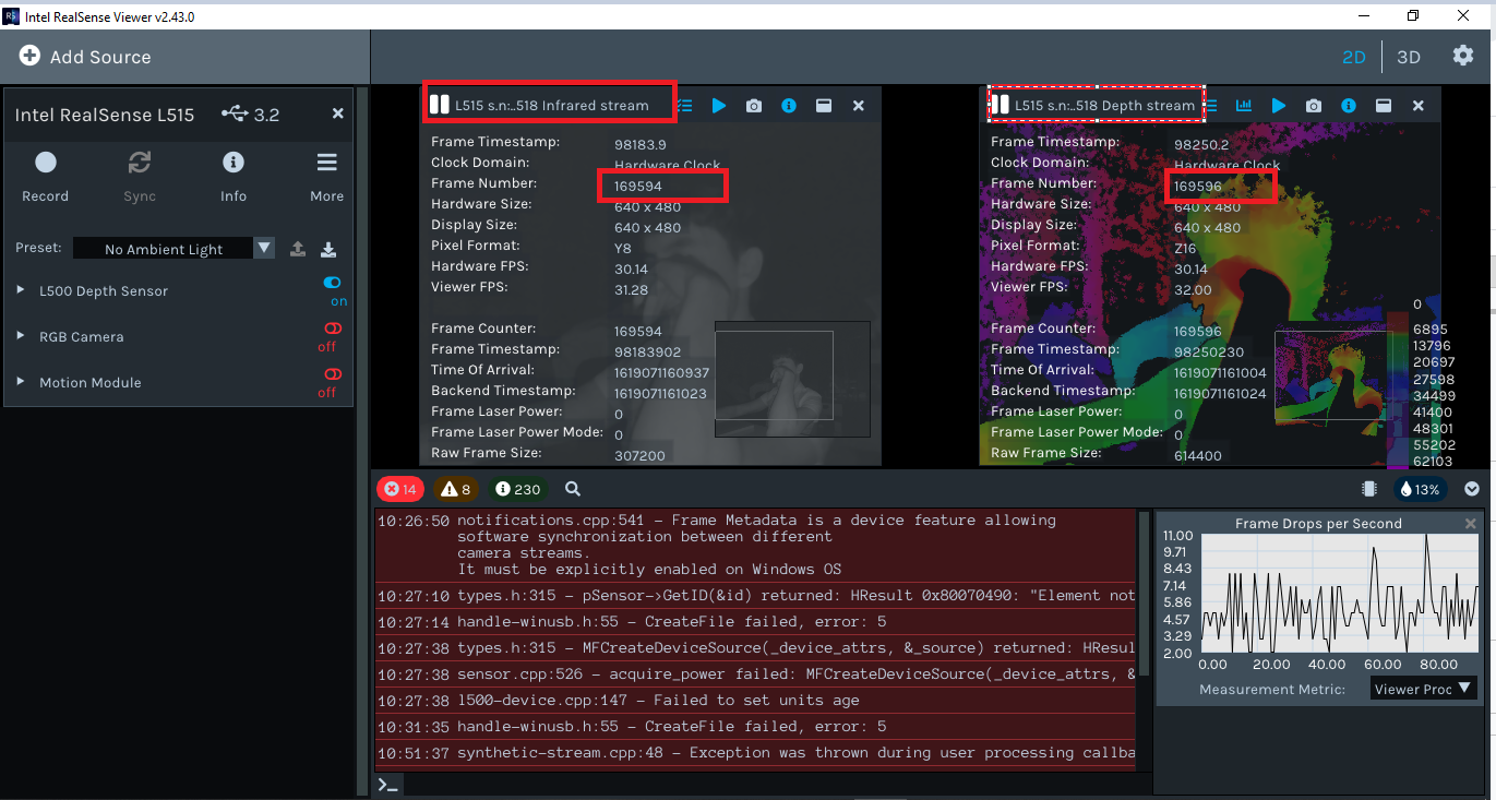 L515. NiR, DEPTH and RGB data are not synchronized with each other ...
