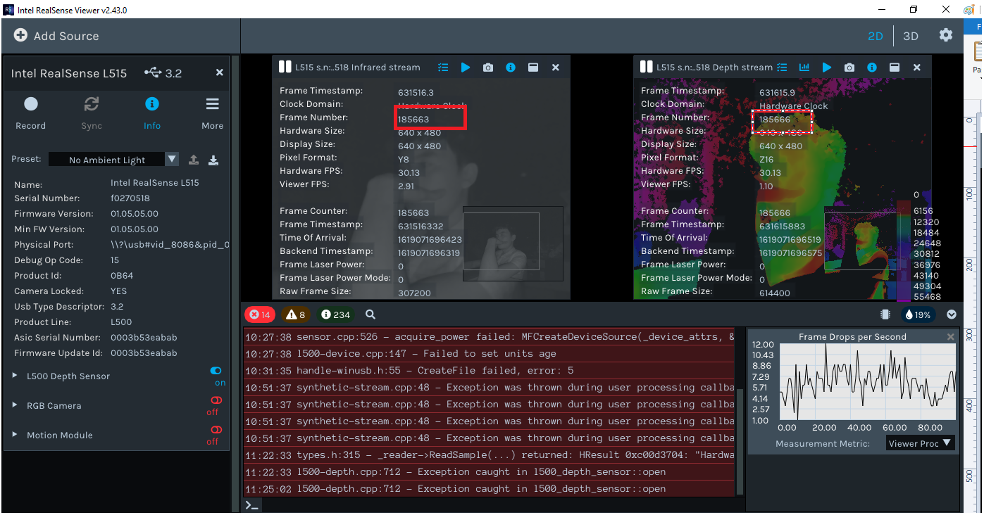 L515. NiR, DEPTH and RGB data are not synchronized with each other ...