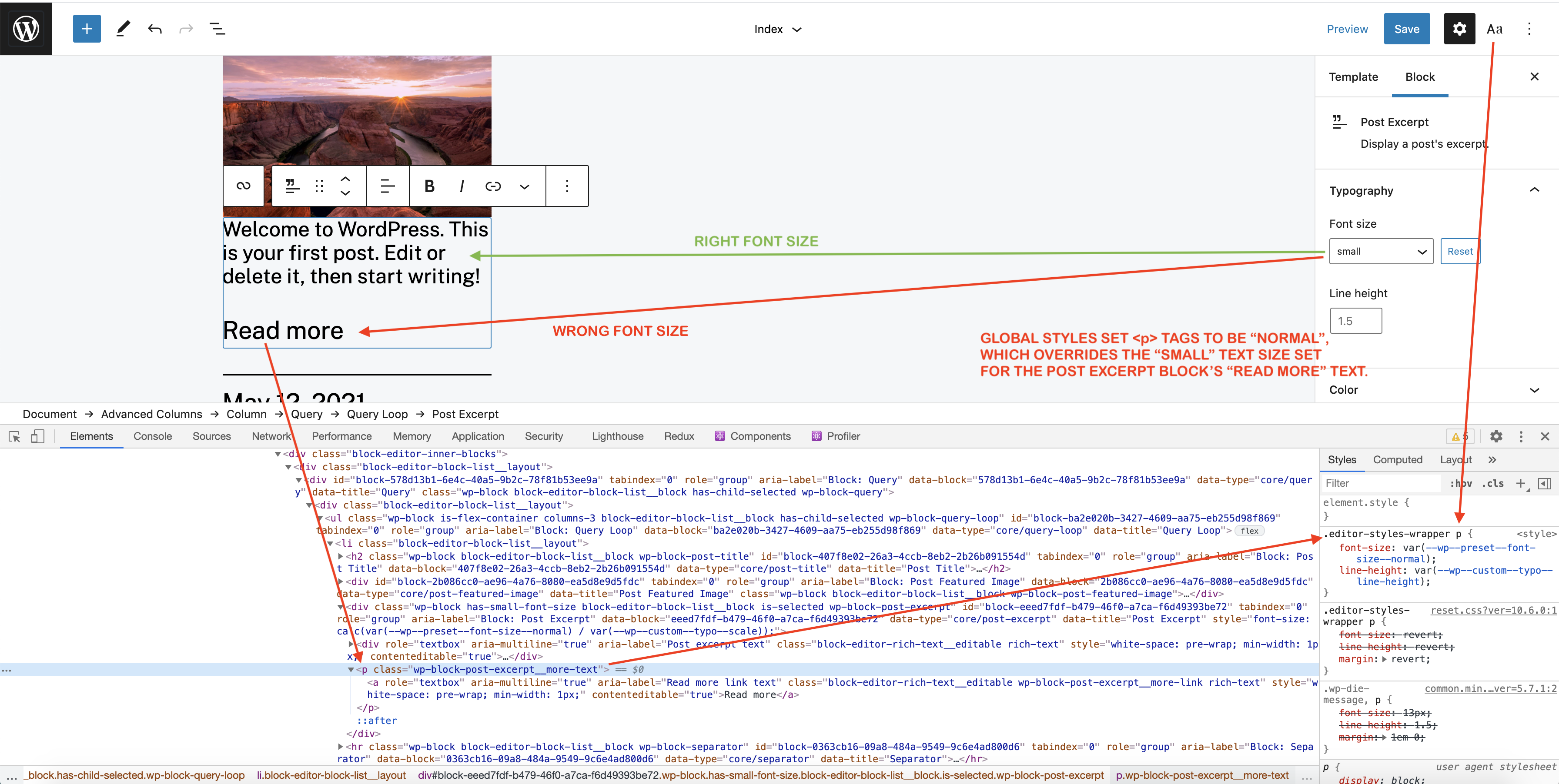 Post Excerpt Block: "Read More" styled incorrectly with Global Styles · Issue #31797 · WordPress ...