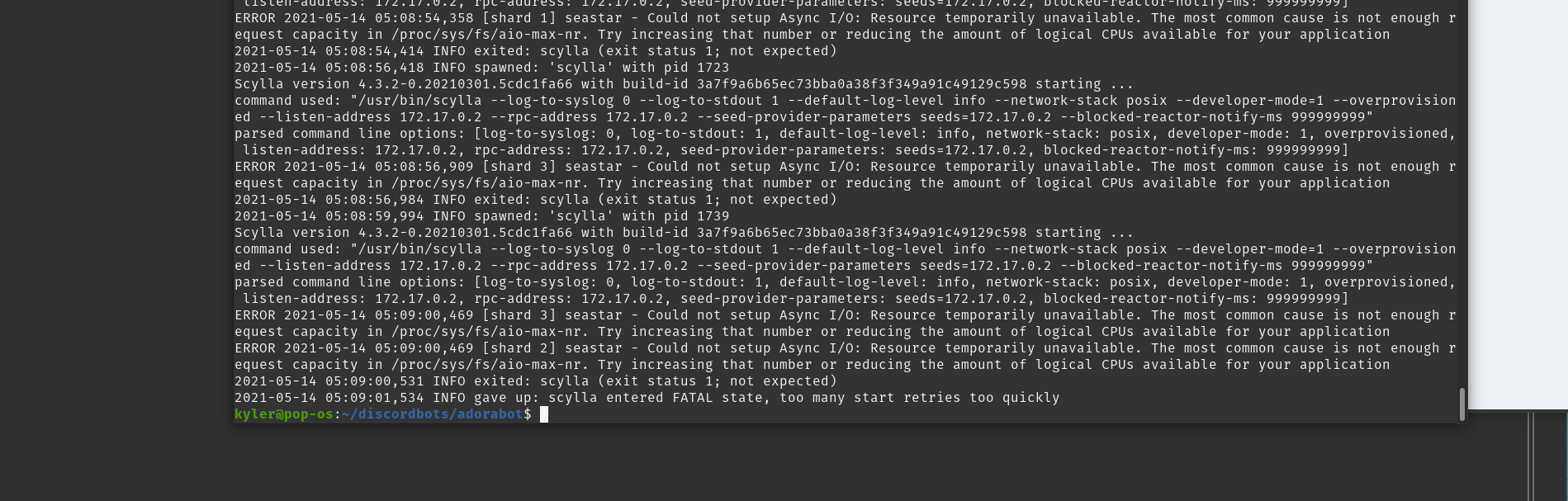 ScyllaDb sometimes fails to start up: INFO gave up: scylla entered FATAL state, too many start ...