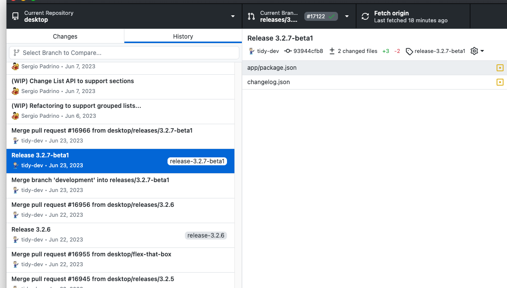 When I use GitHub Desktop to update from the upstream repository, I can't find the tag versions ...