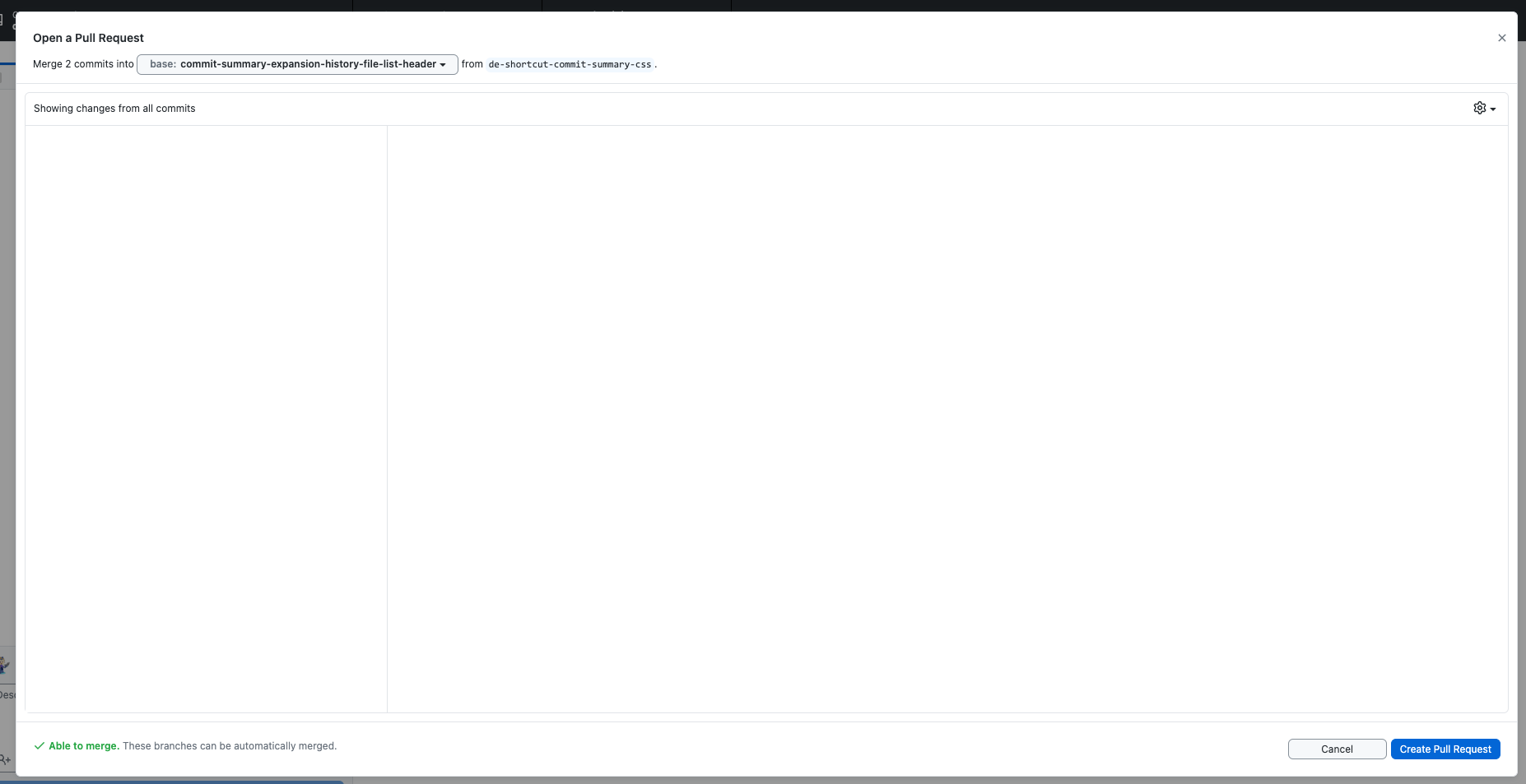 Pull Request Preview - No message when no changes when comparing against non-default branch ...