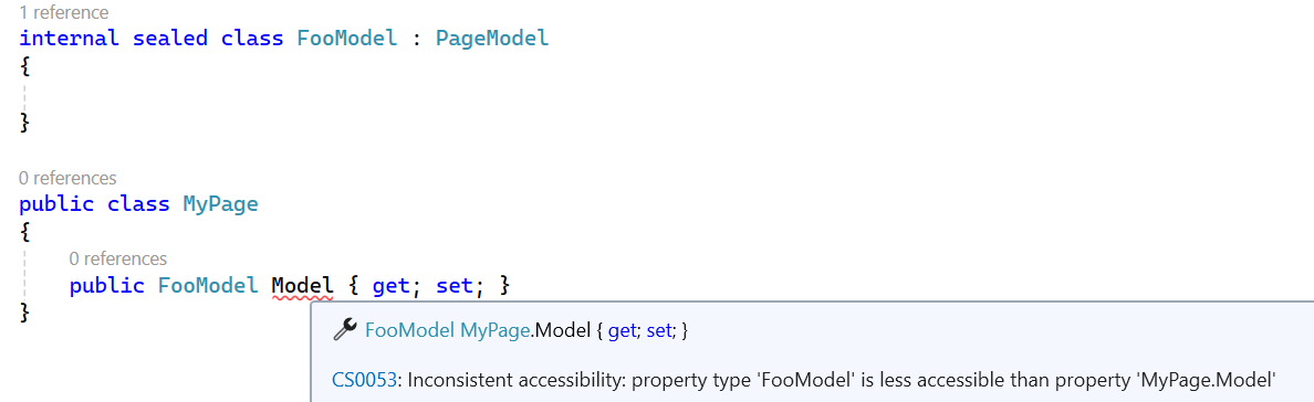 Razor Pages squigglies for internal PageModel implementations · Issue #9352 · dotnet/razor · GitHub