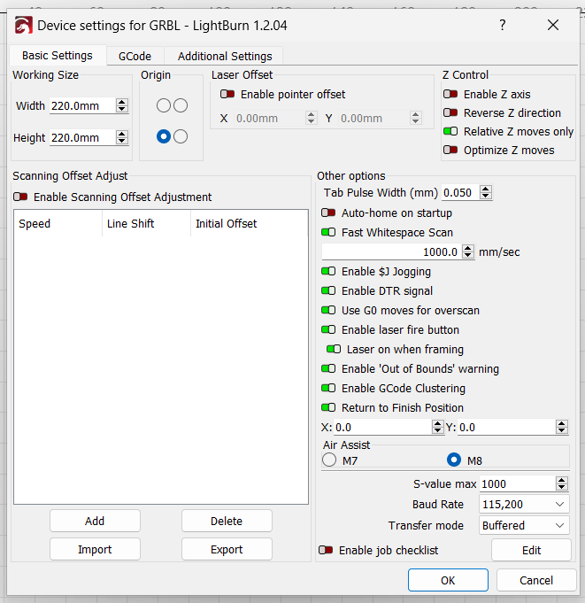 Unable to connect with Lightburn GRBL (1.1f or later) · Issue #898 · bdring/FluidNC · GitHub