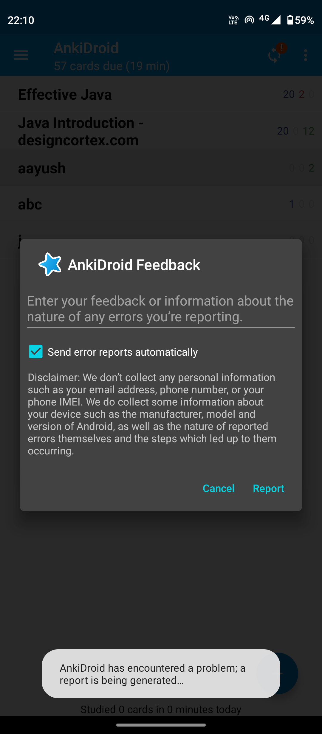 Misleading toast message on clicking "Send troubleshooting report" · Issue #10029 · ankidroid ...