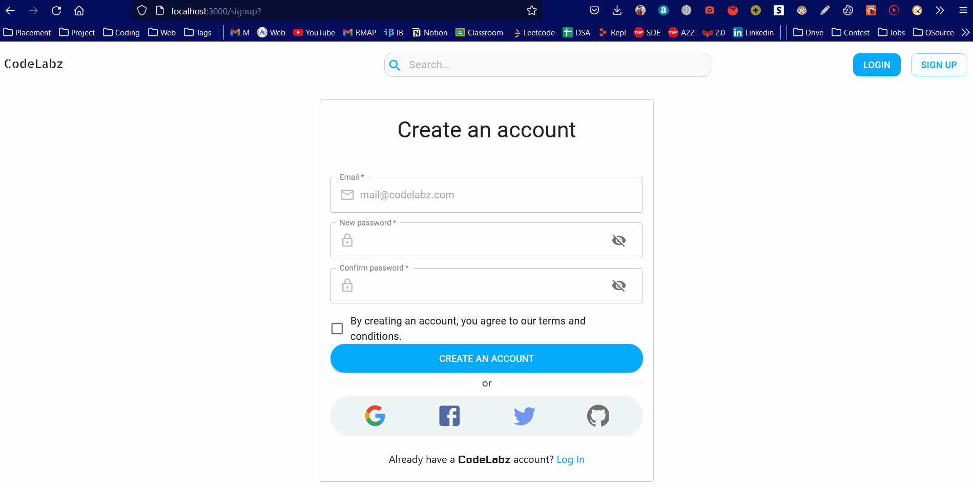 Search Bar on Login / Sign Up Page Working Till Half · Issue #632 · scorelab/Codelabz · GitHub