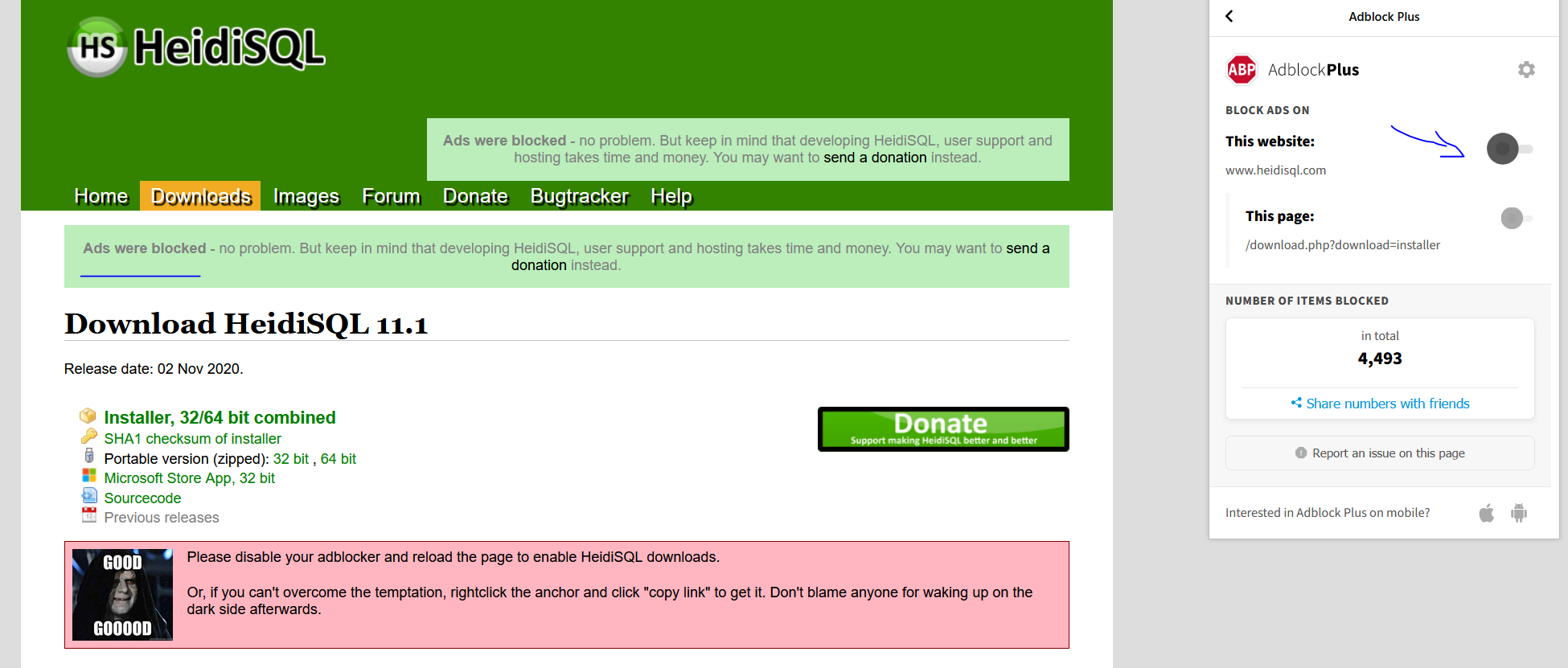HeidiSql website complains for adsblocking even thou the adsblocker is disabled in firefox ...