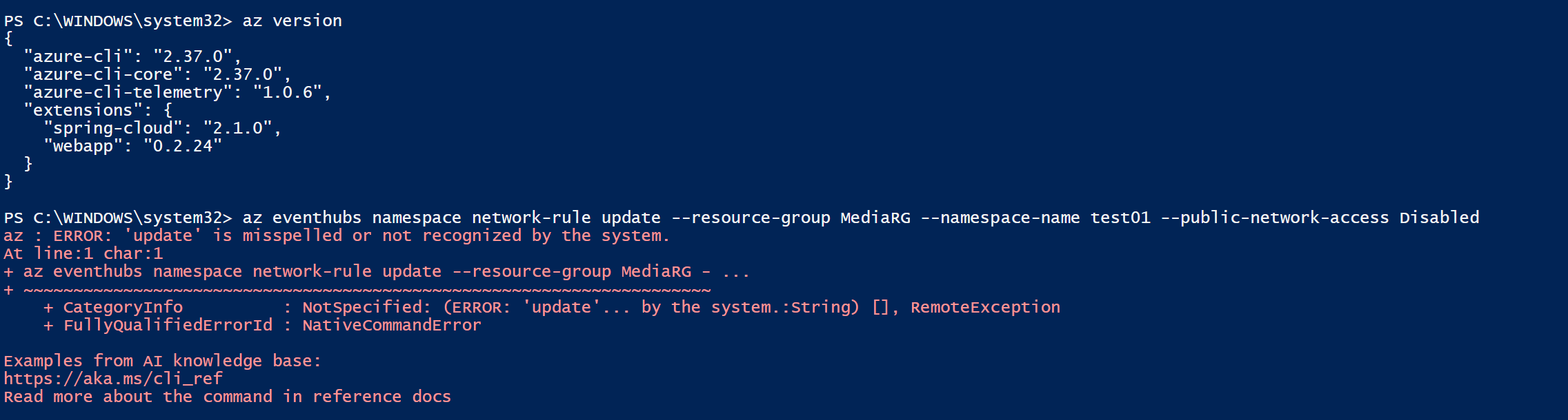 Failed To Run Event Hub Command Using Cli 2380 · Issue 23270 · Azure 6513