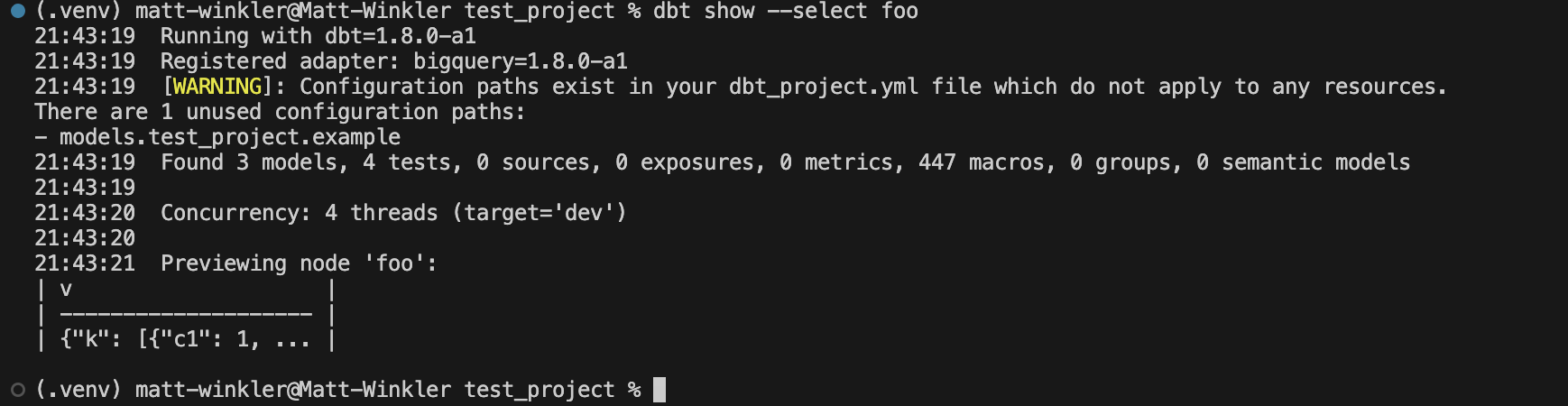 [ADAP-950] [Bug] `dbt show` doesn't work with json structs · Issue #972 · dbt-labs/dbt-bigquery ...