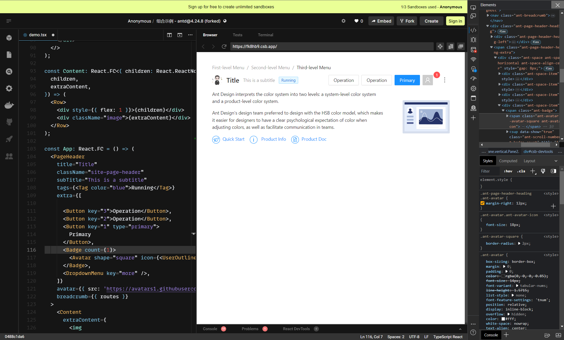 Avatar with Badge in PageHeader section PageHeaderExtra displays ...