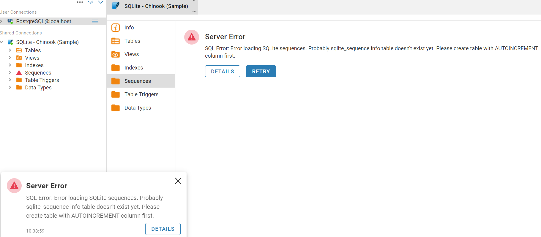 SQLite. An error occurs when open Sequences tab for predefined SQLite ...