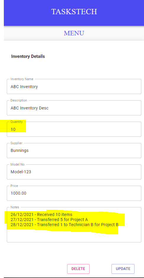 Allow updating of Quantity in Inventory Details · Issue #62 · codesydney/taskstech · GitHub
