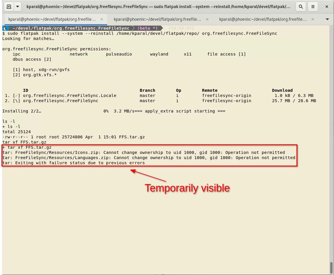 apply_extra output bleeds into interactive "flatpak install" output, but is incomplete, and ...