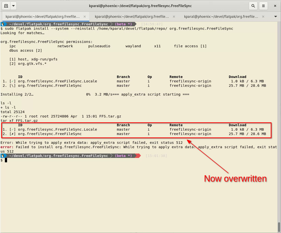 apply_extra output bleeds into interactive "flatpak install" output, but is incomplete, and ...