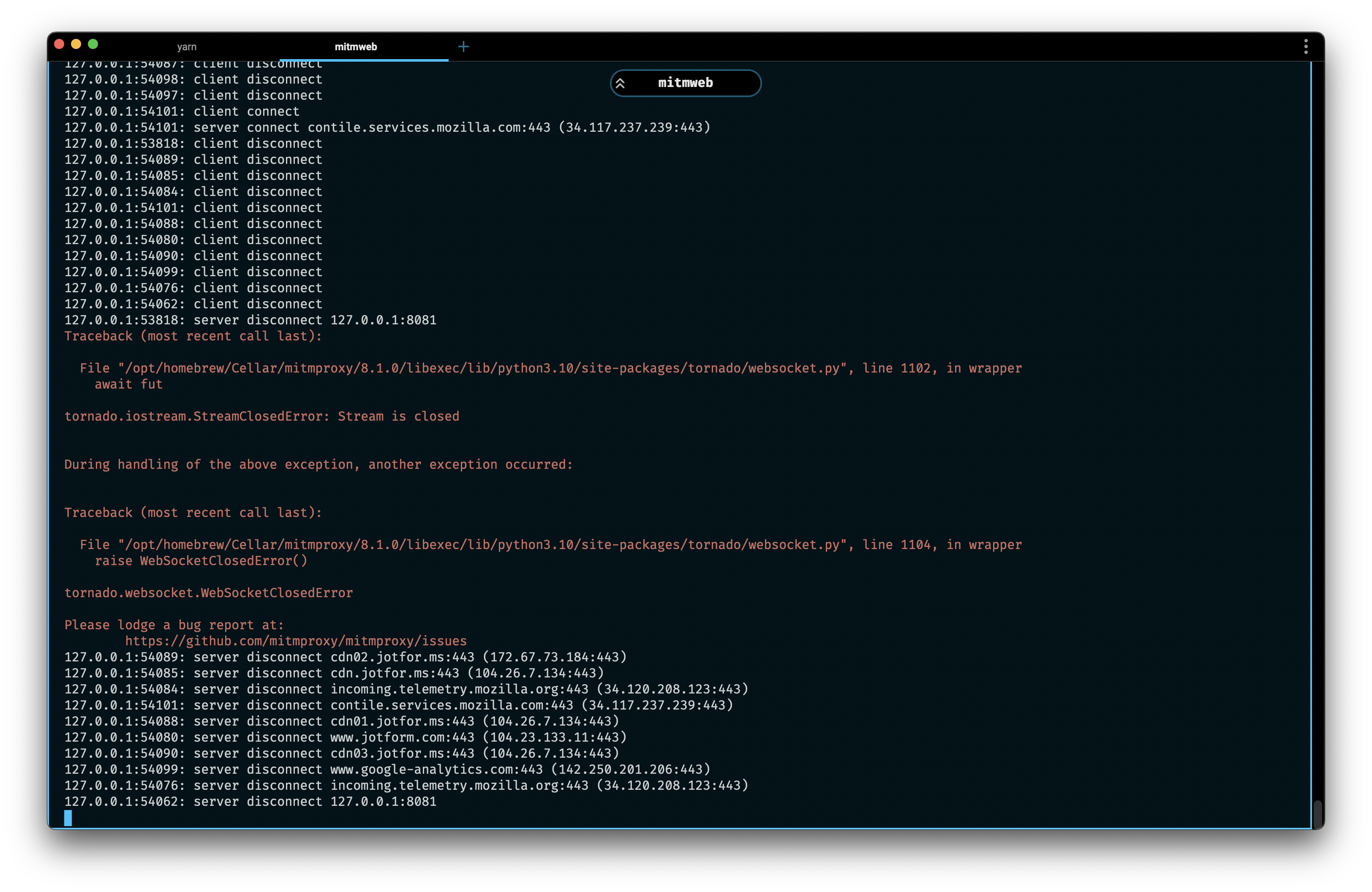 tornado.iostream.StreamClosedError · Issue #5405 · mitmproxy/mitmproxy ...