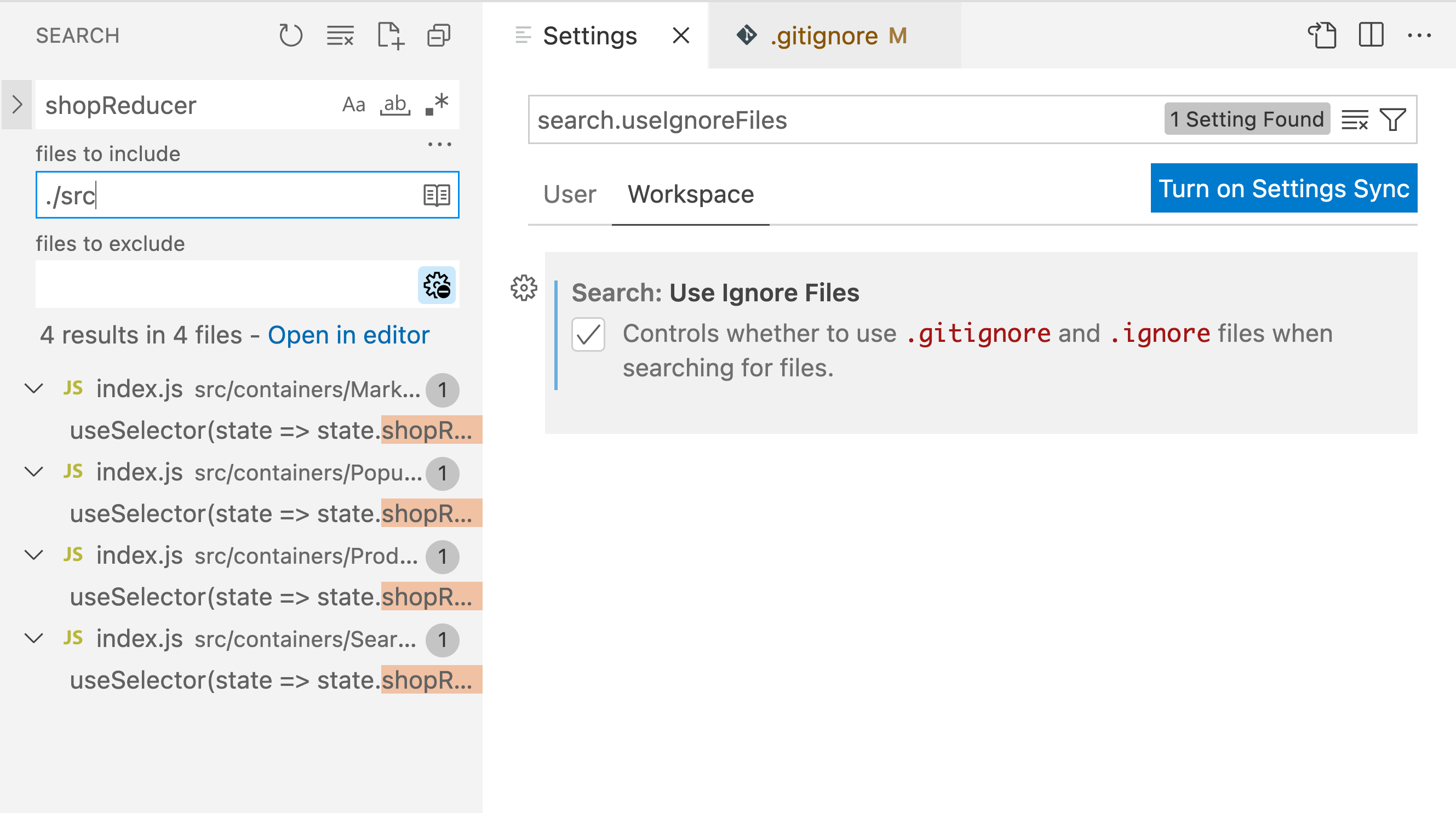 Search: Use Ignore Files exclude source files not in .gitignore or ...