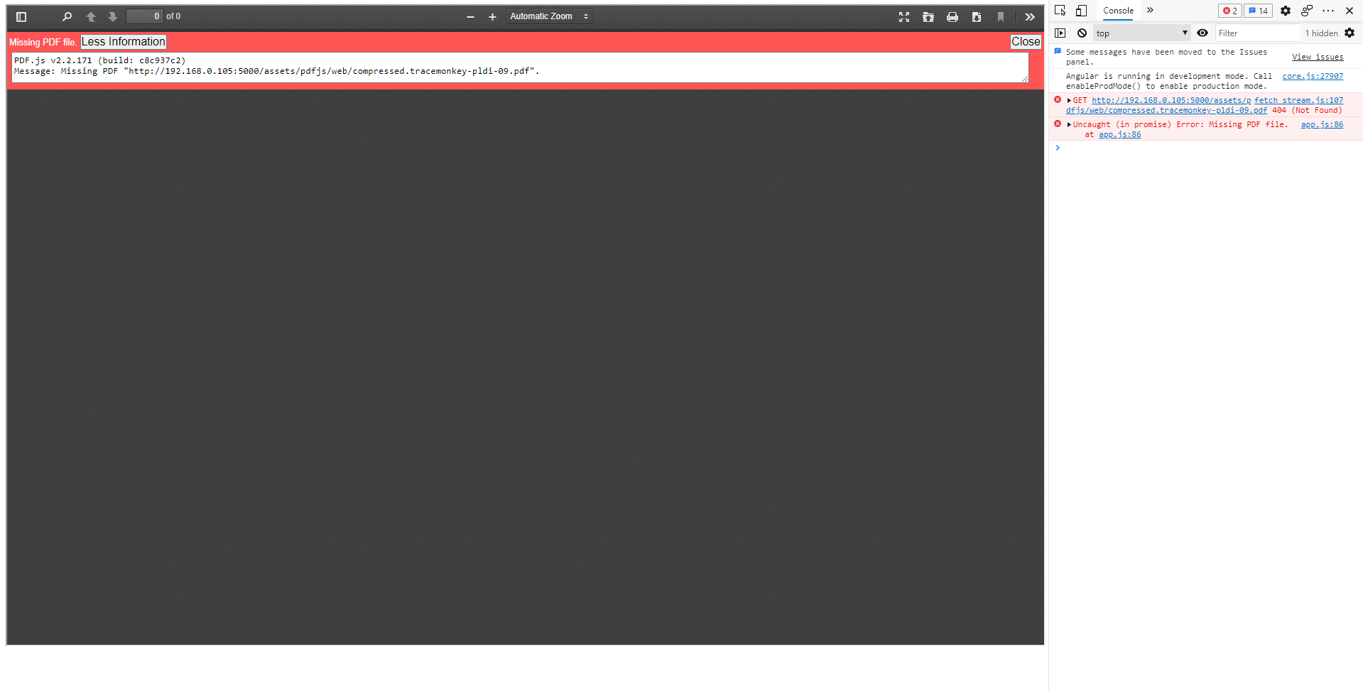 Fresh Install Error Missing PDF assets pdfjs web compressed