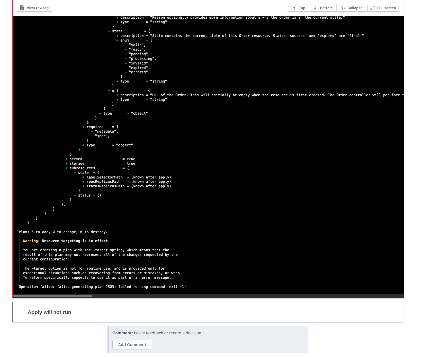 Operation failed: failed generating plan JSON: failed running command ...