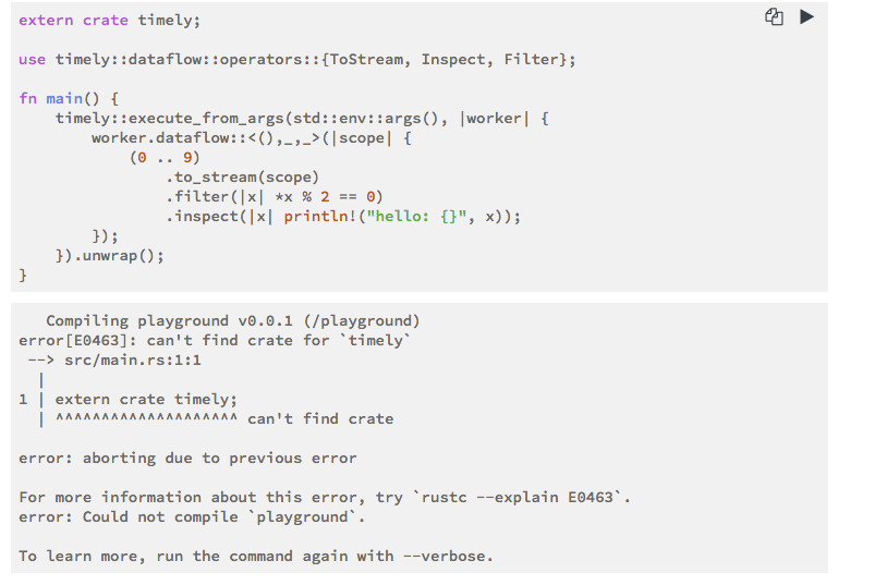 Rust Playground won't run examples. · Issue #303 · TimelyDataflow/timely-dataflow · GitHub