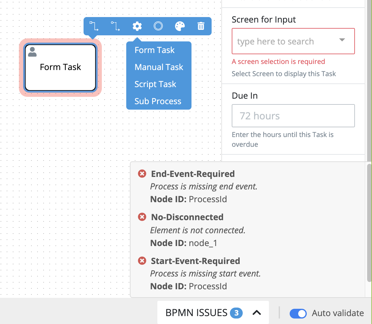 Add "Screen for Input" error to validation footer. · Issue #1173 · ProcessMaker/modeler · GitHub