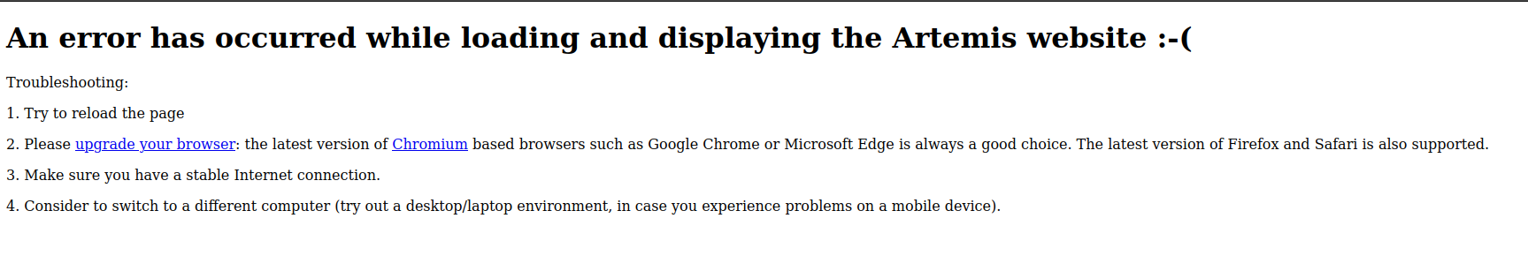 An error has occurred while loading and displaying the Artemis website :-( · Issue #6317 ...
