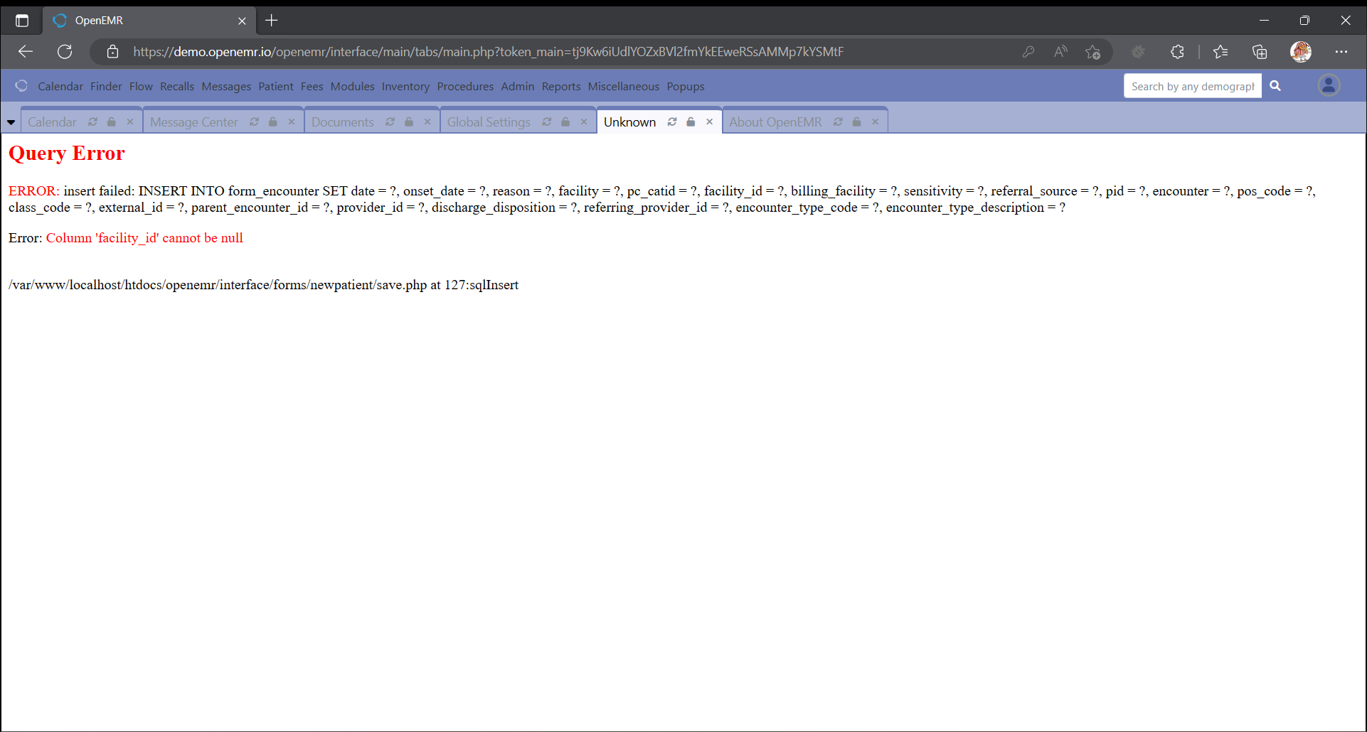 Error Creating New Encounter If Facility Is Issue 6230