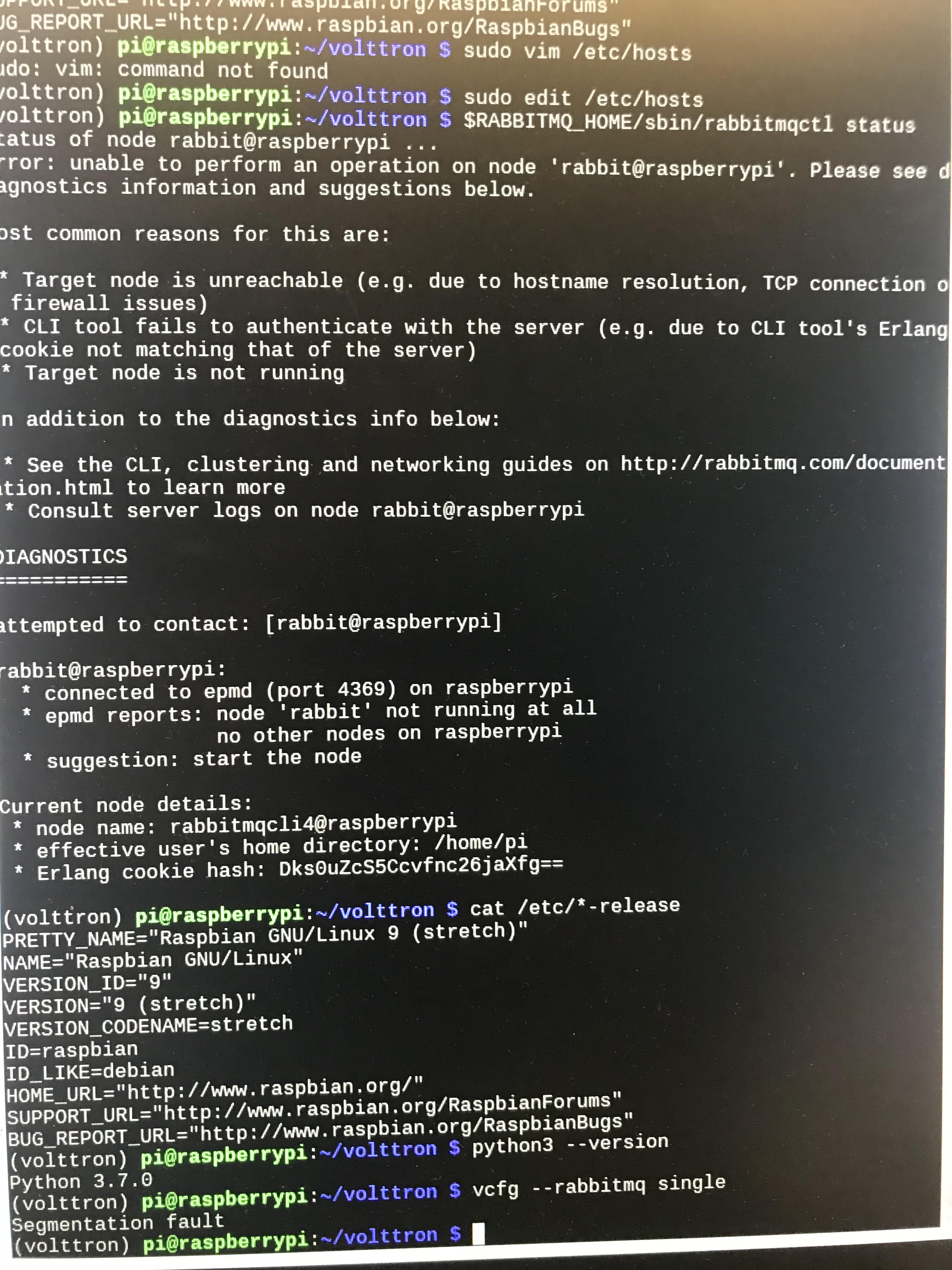 Segmentation fault for vcfg [Raspbian Stretch] [7.01rc1] · Issue #2211 · VOLTTRON/volttron · GitHub