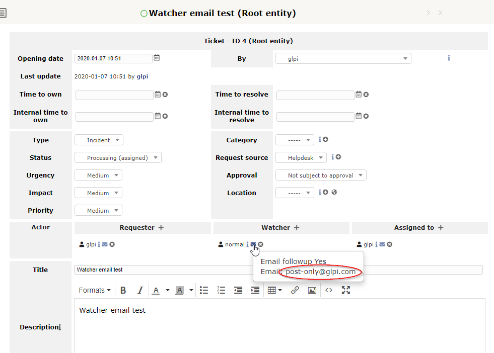 [9.1.4-9.4.5] Add watcher rule replace added watcher but not email · Issue #3468 · glpi-project ...